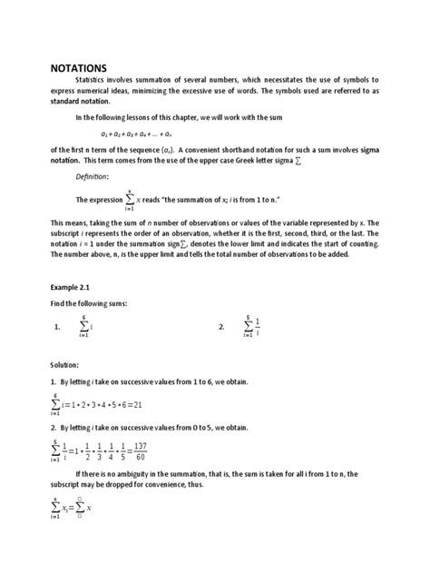 Statistical Notations And Operations Pdf Summation Mathematical