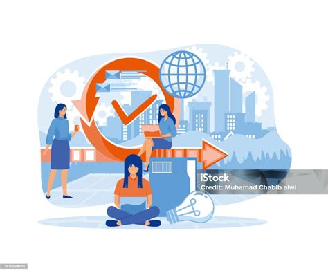 스크럼 프레임워크 개념 Kanban 보드에서 작업을 논의하고 노트북으로 작업하는 팀 플랫 벡터 현대 일러스트 레이 션 간반에