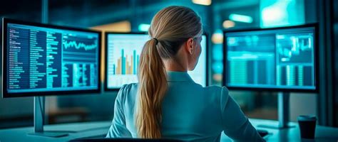 Woman Analyzing Data On Multiple Monitors In Office Setting At Night