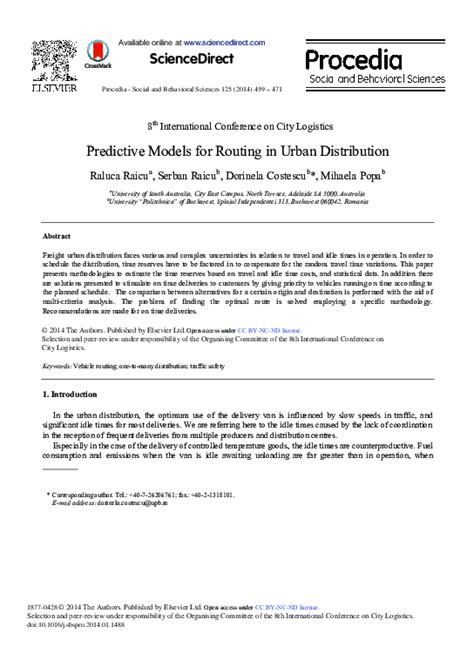 Pdf Predictive Models For Routing In Urban Distribution Dorinela