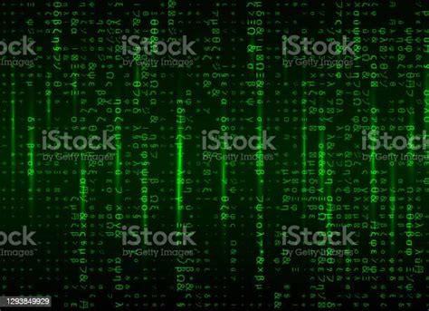 녹색 기호가 있는 벡터 행렬 배경입니다 화면에 미래 코드 기호의 스트림 코딩 또는 해커 개념 녹색에 대한 스톡 벡터 아트 및