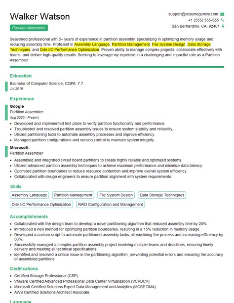 Partition Assembler Resume Template Resumegemini Online Resume Builder
