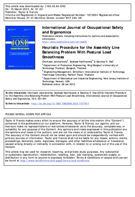 Pdf Heuristic Procedure For The Assembly Line Balancing Problem With Postural Load Smoothness