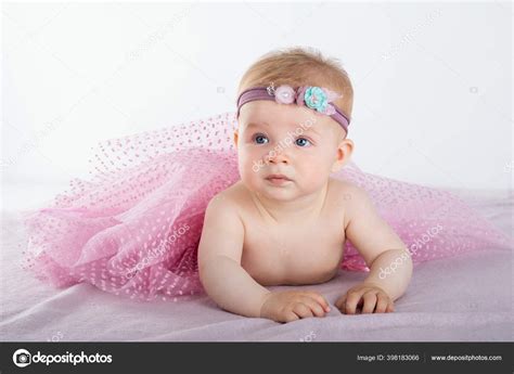 Beautiful Healthy Baby Pink Skirt Lies Decoration Head Stock Photo Leya