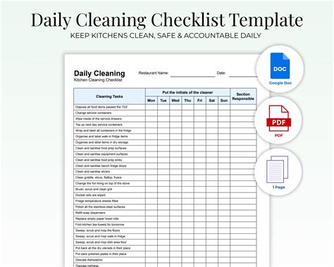 Daily Kitchen Cleaning Checklist Restaurant Cleaning Log Sheet Editable Staff Tracker Pdf