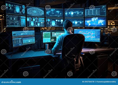 Multi Monitor Workstation With Futuristic Interface And Coding Setup