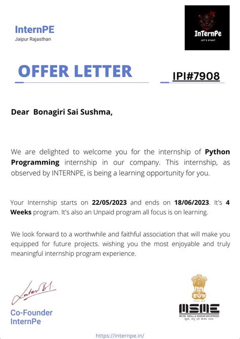 Hello Connections I Am Happy To Share That I Have Received A Internship Offer As A Python