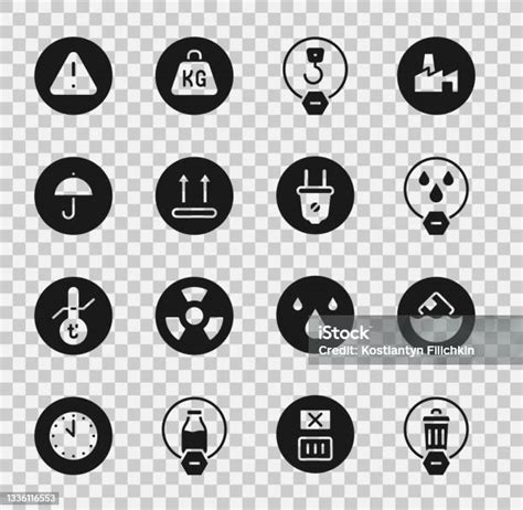 세트 휴지통 판지 골판지 상자 물 방울 금지 산업 후크 온도 세척 우산 배달 패키지 삼각형 및 전기 플러그 아이콘의 느낌표 벡터 건설 기계류에 대한 스톡 벡터 아트 및 기타