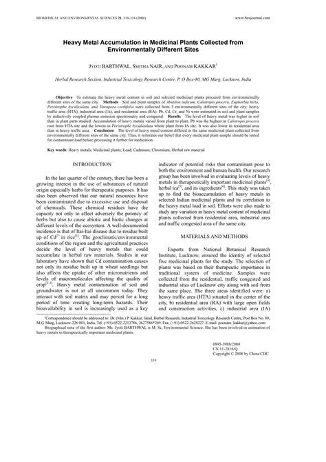 Pdf Heavy Metal Accumulation In Medicinal Plants Collected From Environmentally Different Sites