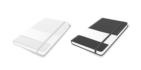 벡터 3d 사실적인 흰색 과 검은색 닫힌 빈 종이 노트북에 탄성 밴드 및 레이블 세트 는 흰색 배경에 격리 디자인 템플릿 카피북 모형 광고 로고 인쇄 상단 등분석 0명에