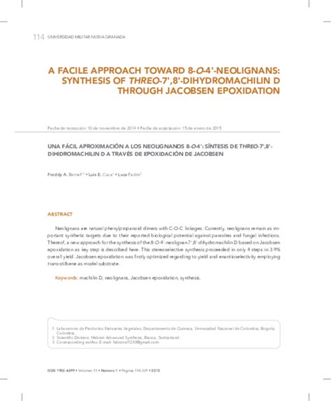 Pdf A Facile Approach Toward 8 O 4 Neolignans Synthesis Of Threo 7 8 Dihydromachilin D