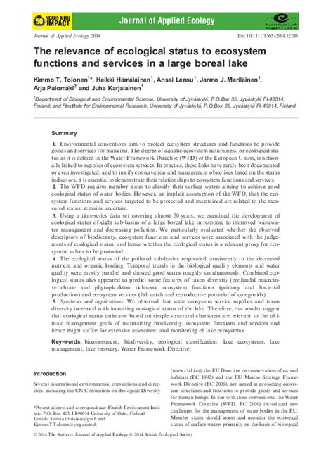 Pdf The Relevance Of Ecological Status To Ecosystem Functions And Services In A Large Boreal Lake