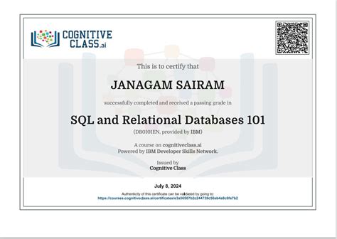 Janagam Sairam On Linkedin Cognitiveclassai Ibm Sqlandrelationdatabase