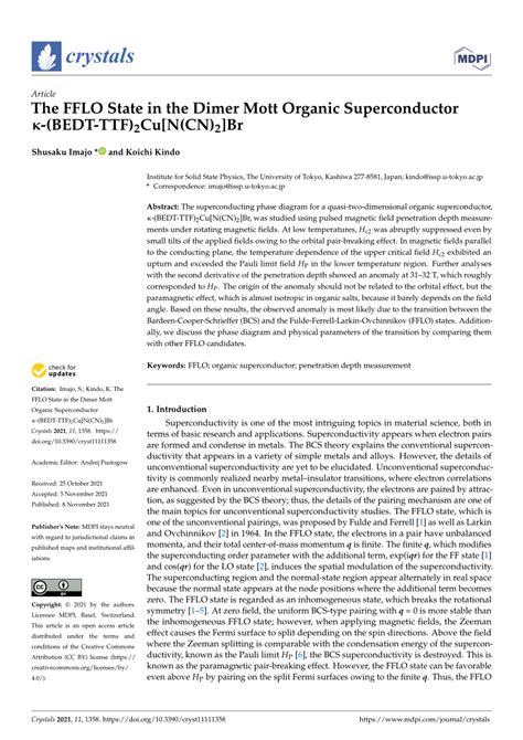 Pdf The Fflo State In The Dimer Mott Organic Superconductor κ Bedt Ttf2cu Ncn2 Br