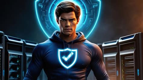 Confident Man In A Blue Hoodie With A Glowing Shield And Checkmark Symbol Standing In Front Of