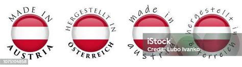 오스트리아에서 간단한 제작 Hergestellt Osterreich 3d에서 버튼 기호 오스트리아 플래그로 서클 주위 텍스트입니다 품위와 캐주얼 글꼴 버전입니다 3차원