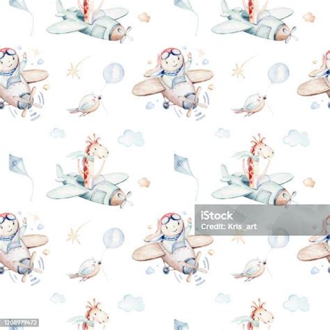 수채화 비행기 아이 원활한 패턴입니다 수채화 장난감 배경 아기 만화 귀여운 파일럿 기린 코알라 곰과 조류 항공 하늘 수송 비행기 구름코끼리 곰에 대한 스톡 벡터 아트 및