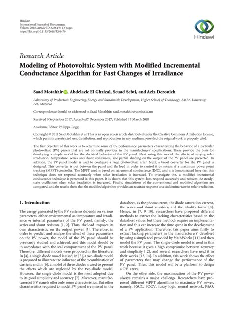 Pdf Modeling Of Photovoltaic System With Modified Incremental Conductance Algorithm For Fast