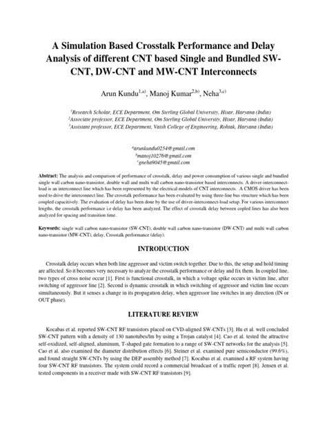 A Simulation Based Crosstalk Performance And Delay Analysis Of Different Cnt Based Single And