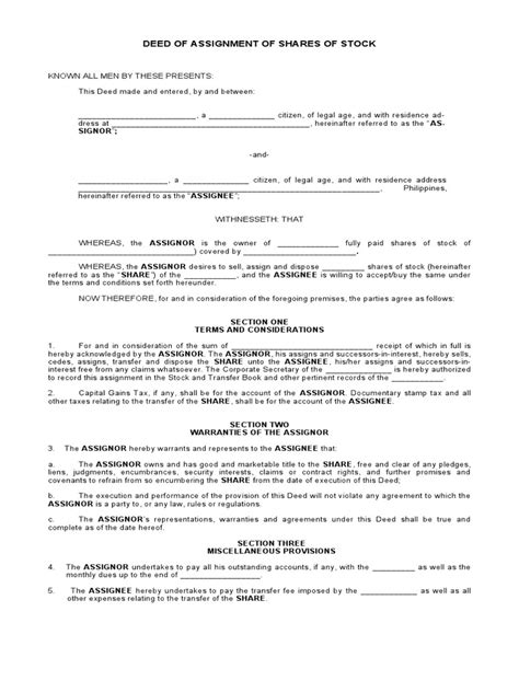 Deed Of Assignment Of Shares Of Stock Pdf Assignment Law Deed