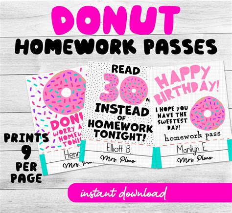 Donut Theme Printable Homework Passes Digital Download Etsy