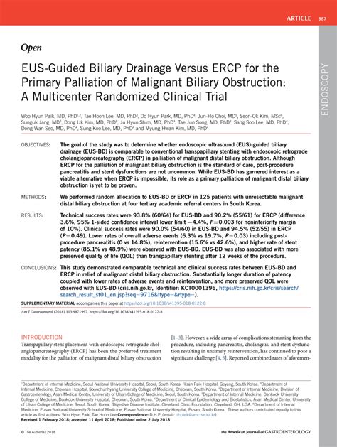 Pdf Eus Guided Biliary Drainage Versus Ercp For The Primary Palliation Of Malignant Biliary