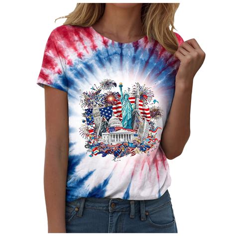 Comvalue 4th Of July Outfits For Women Short Sleeve American Flag Print