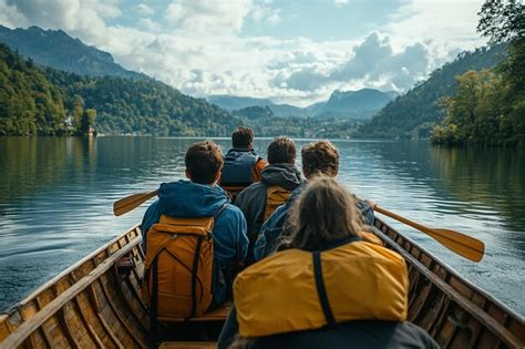 Landscape Of A Group Of People In A Boat Riding On A Lake Premium Ai