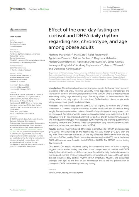 Pdf Effect Of The One Day Fasting On Cortisol And Dhea Daily Rhythm Regarding Sex Chronotype