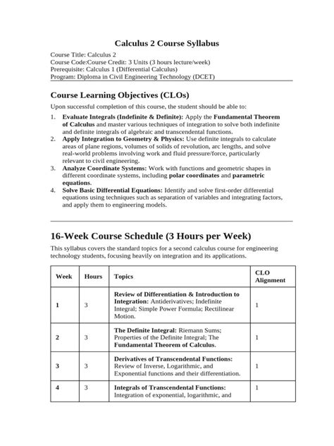 Calculus 2 Course Syllabus Pdf Integral Trigonometric Functions