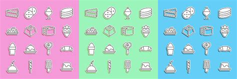 세트 라인 푸딩 커스터드 크루아상 딸기 초콜릿 아이스크림 그릇 브라우니 케이크 케이크 조각 및 아이콘 벡터 검은색에 대한 스톡 벡터 아트 및 기타 이미지 Istock