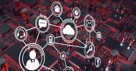 Composition Of Network Of Connections With Icons Over Computer Circuit Board Stock Illustration