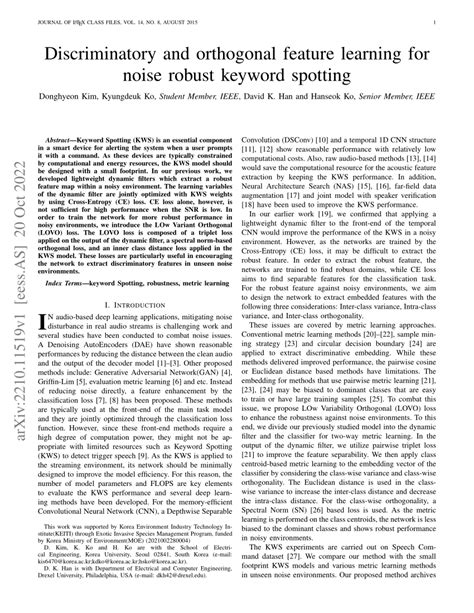 PDF Discriminatory And Orthogonal Feature Learning For Noise Robust Keyword Spotting