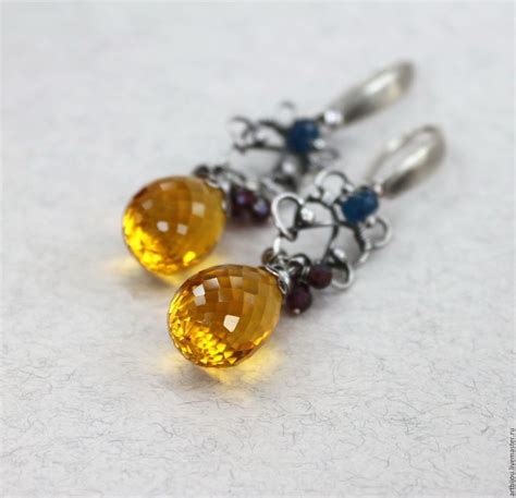 Серебряные серьги с цитрином и гранатами "Honey" длинные серьги в ...