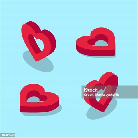 파란색 배경에 등색 하트 내부에 빨간색 빈 세트 벡터 일러스트레이션 3차원 형태에 대한 스톡 벡터 아트 및 기타 이미지 3