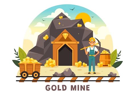 광산 산업 활동과 함께 금 광산 터 일러스트레이션은 평평한 스타일의 만화 배경에서 동전 보석 및 보석의 보물 더미를 특징으로
