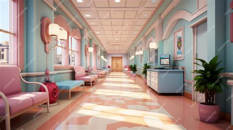 A Retro Hospital Hallway With Pink And Blue Walls And A Pink And White