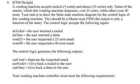 Solved 6 Fsm Design A Vending Machine Accepts Nickels 5