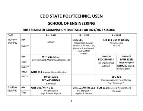 Engineering Timetable For First Semester 2022 Pdf
