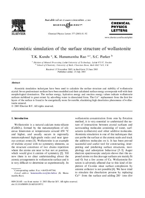 Pdf Atomistic Simulation Of The Surface Structure Of Wollastonite
