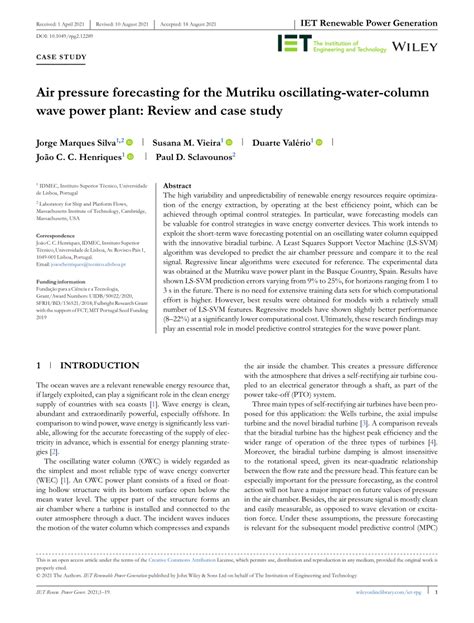 Pdf Air Pressure Forecasting For The Mutriku Oscillating‐water‐column Wave Power Plant Review