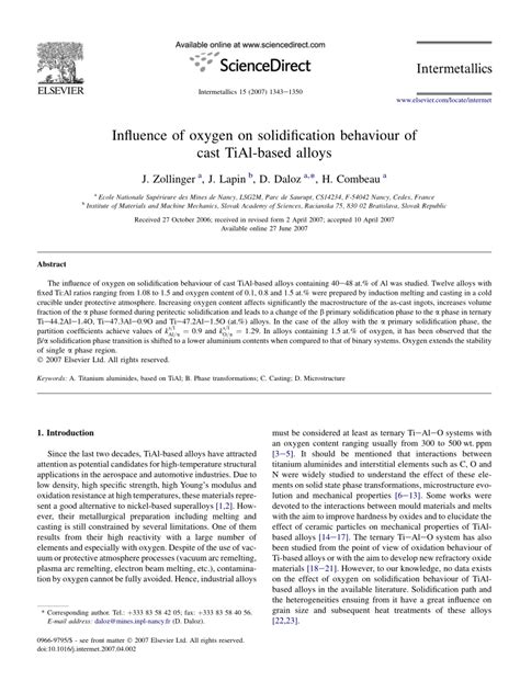 Pdf Influence Of Oxygen On Solidification Behaviour Of Cast Tial