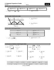 Calc 1 5 Ca2 Pdf 1 5 Algebraic Properties Of Limits Calculus Name Use The Table To Find The