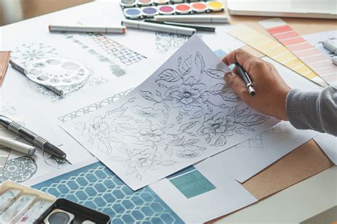 디자이너 디자인 드로잉 스케치 패턴 기하학적 꽃 원활한 벽지 직물 직물 패션 산업 예술 디자인 스튜디오 공예에 대한 스톡 사진 및 기타 이미지 Istock