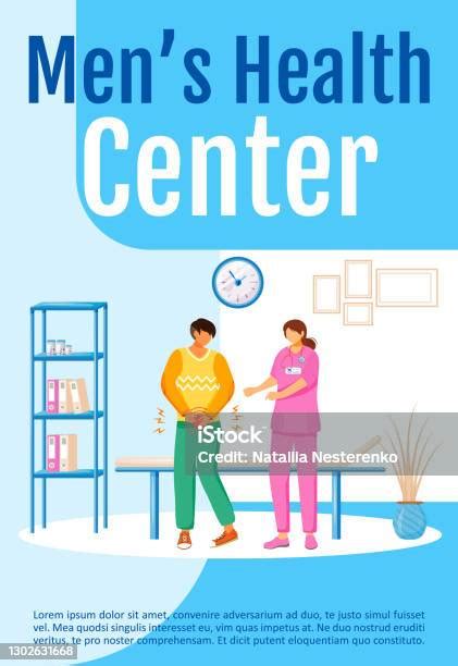 남성 건강 센터 포스터 플랫 벡터 템플릿 건강 관리 병원 방문 브로셔 만화 캐릭터가 있는 한 페이지 컨셉 디자인 전립선염 치료