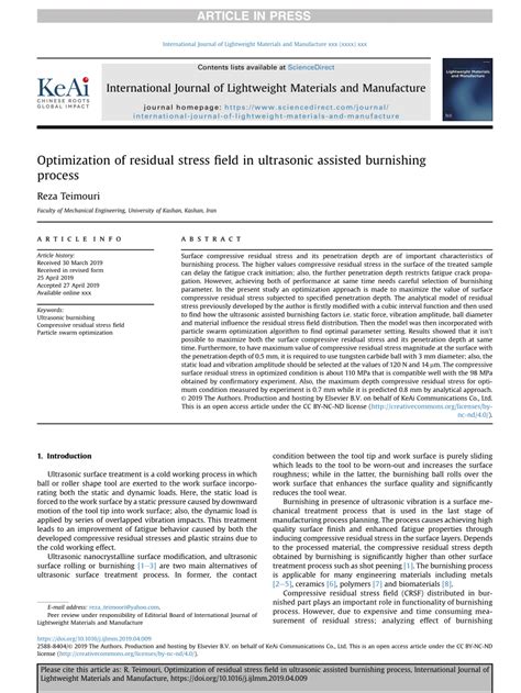 Pdf Optimization Of Residual Stress Field In Ultrasonic Assisted