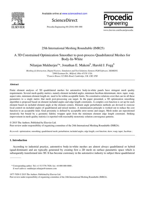 Pdf A 3d Constrained Optimization Smoother To Post Process Quadrilateral Meshes For Body In White