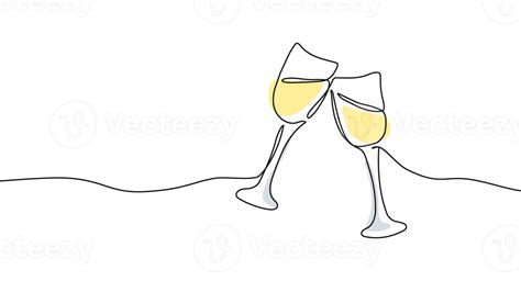 Continuous One Line Drawing Of Glasses Of Champagne With Abstract