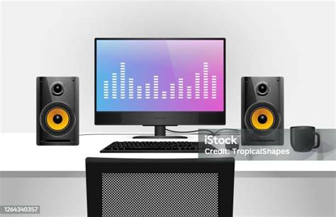 모니터 스피커가 있는 데스크톱 컴퓨터입니다 개인용 컴퓨터의 사실적인 벡터 그림입니다 워크 스테이션 Pc 음악 제작 컴퓨터 데스크탑 컴퓨터에 대한 스톡 벡터 아트 및 기타