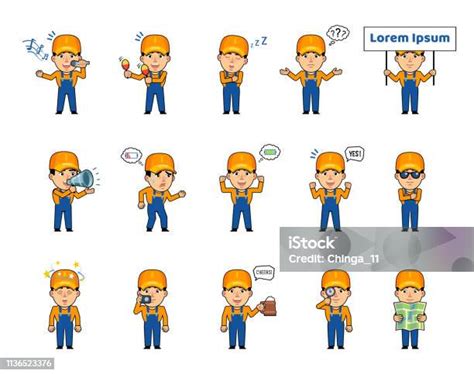 다양 한 동작 감정을 보여주는 자동 정비사 문자 집합입니다 플 래 카드 확성기 맥주 머그잔 노래 피곤 자 고 다른 행동을 하 고 있는 재미 있는 장인 감정에 대한 스톡 벡터